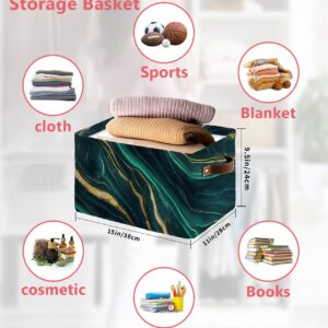 Marble Emerald Green Cube Storage Organizer Bins with Handles, 15x11x9.5 Inch Collapsible Canvas Cloth Fabric Storage Basket, Modern Abstract Gold Art Books Kids' Toys Bin Boxes for Shelves, Closet