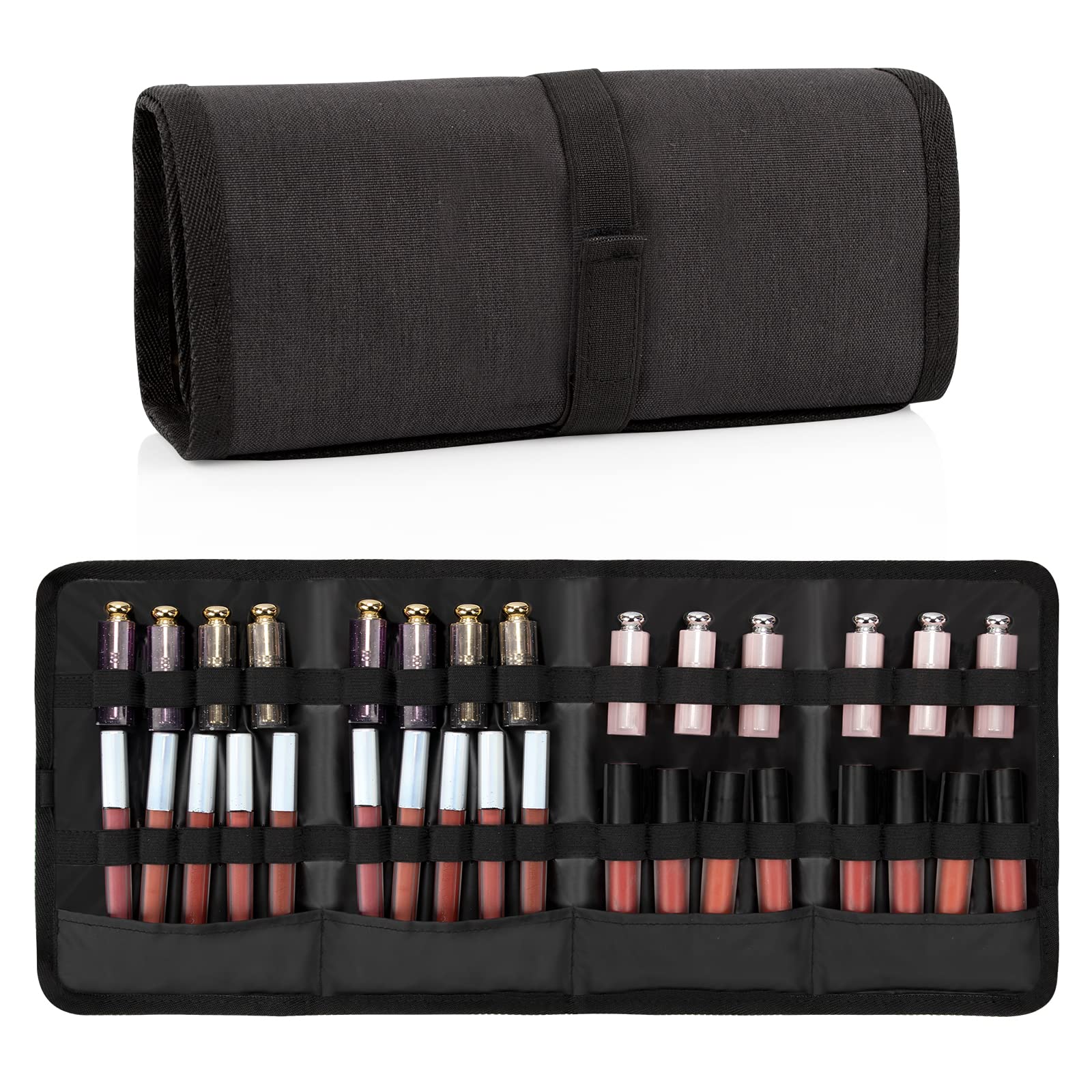 Lipstick Organizer - 32 Slots, Portable Lip Glosses Bag, Travel Lipstick Holder with 3 Different Lengths Elastic Bands, Cosmetic Makeup Storage Bag - Lipstick and Lip Glosses Are Not Included (1pcs)