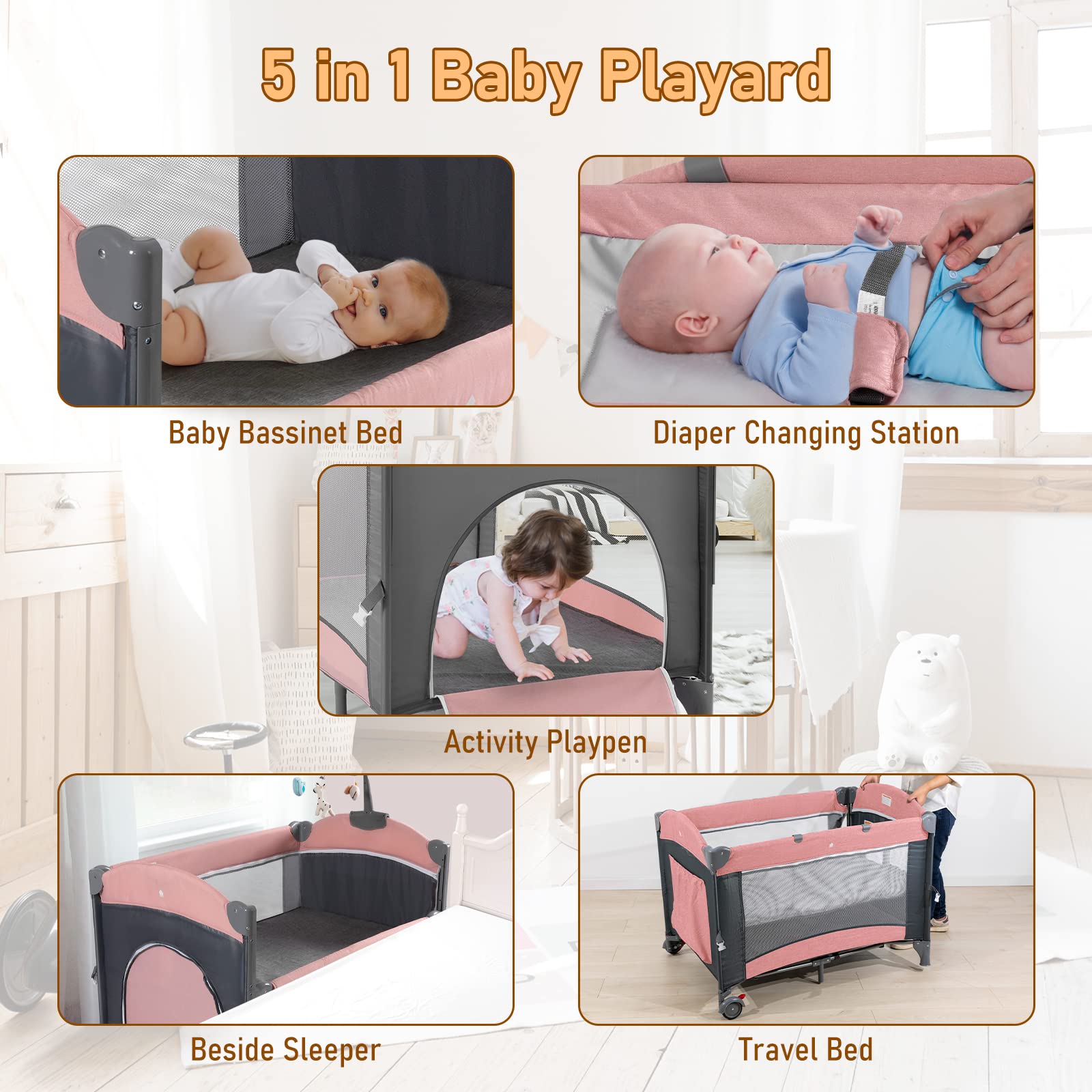 Jaoul Baby Bassinet Bedside Sleeper Baby Crib, Pack and Play with Bassinet and Changing Table, Pink Portable Travel Baby Playpen with Bassinet Toys & Music Box, Mattress for Girl Boy Infant Newborn