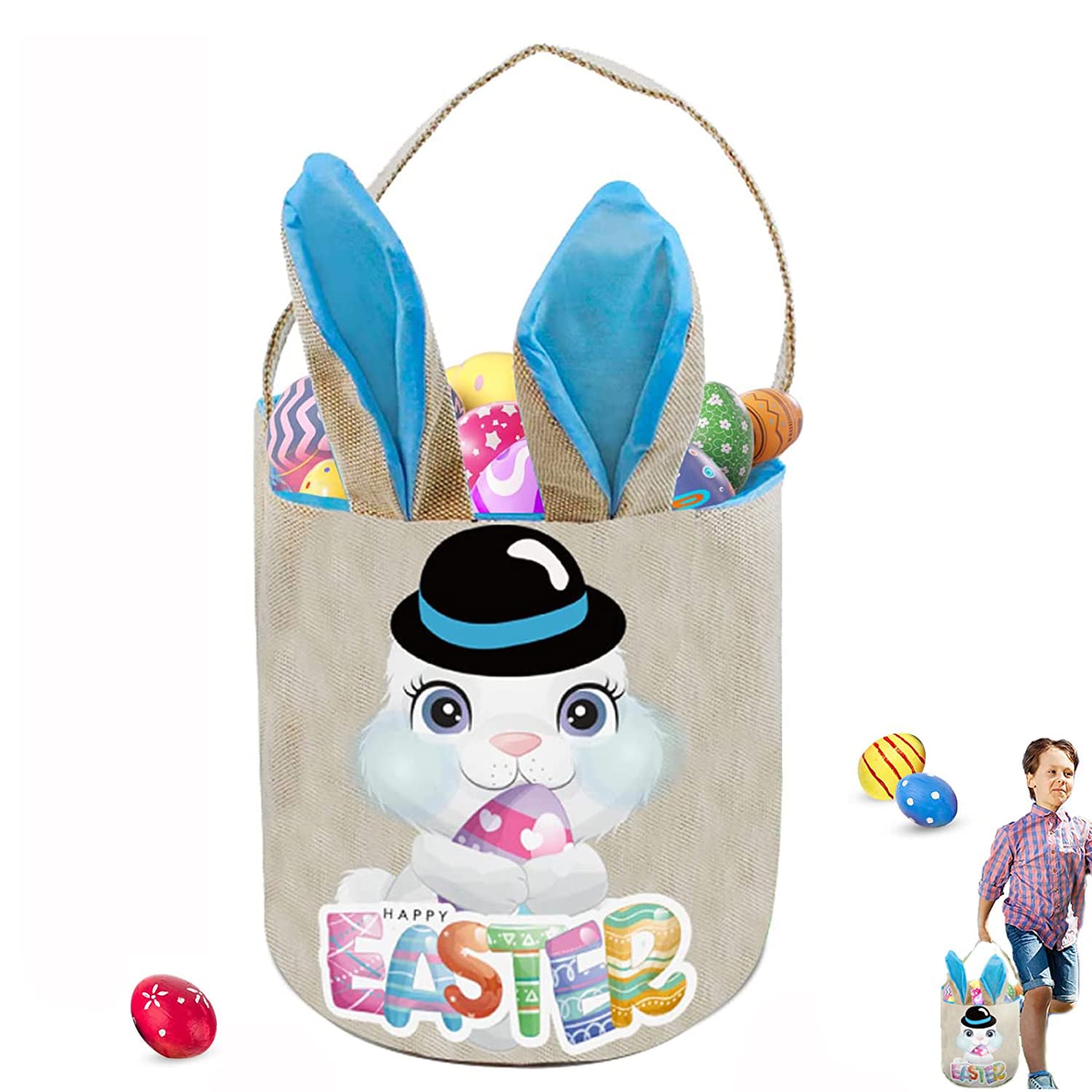 PADELO Easter Basket for Kids, Cute Easter Bucket Stuffers Bags with Bunny Ears for Easter Eggs Hunting, Easter Party Decorations, Candy Gifts Storage, Blue Easter Baskets