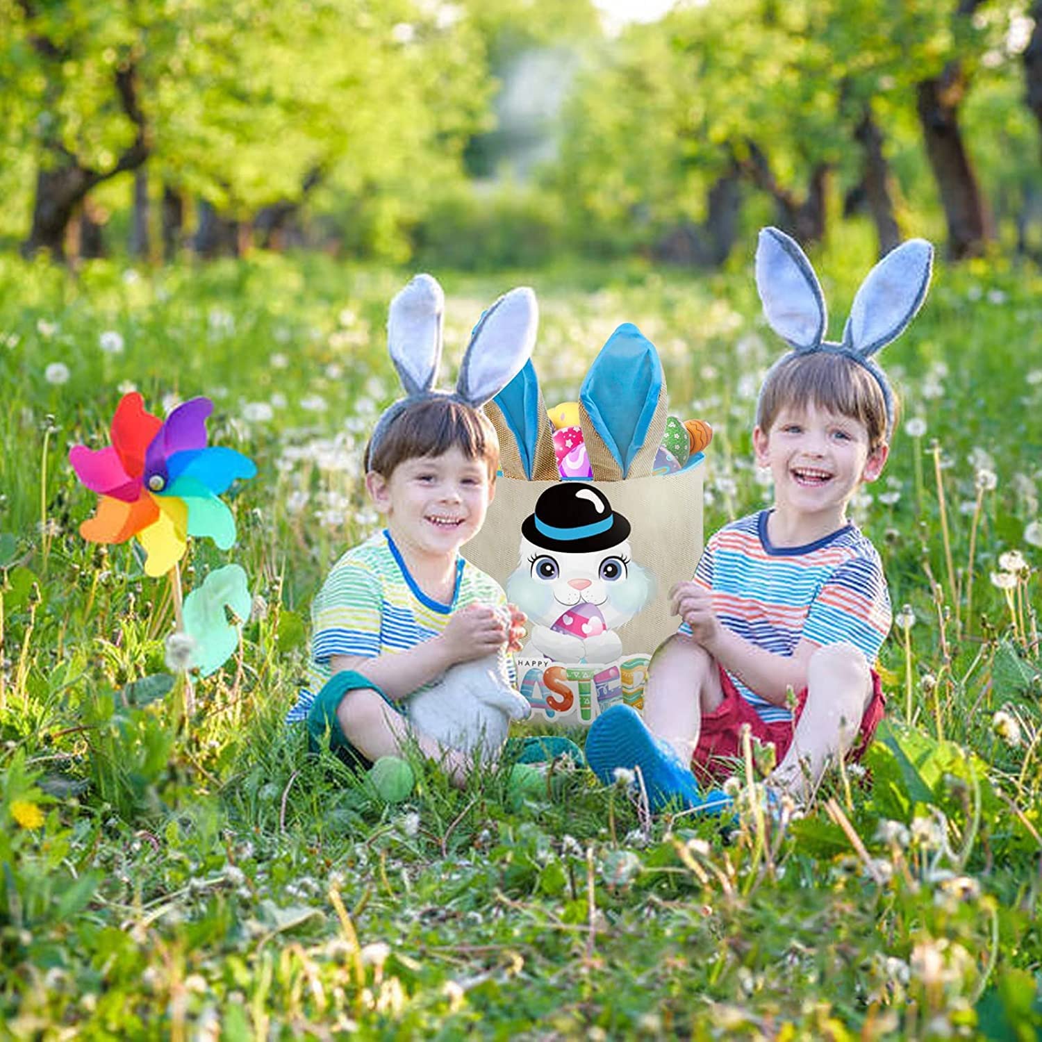 PADELO Easter Basket for Kids, Cute Easter Bucket Stuffers Bags with Bunny Ears for Easter Eggs Hunting, Easter Party Decorations, Candy Gifts Storage, Blue Easter Baskets