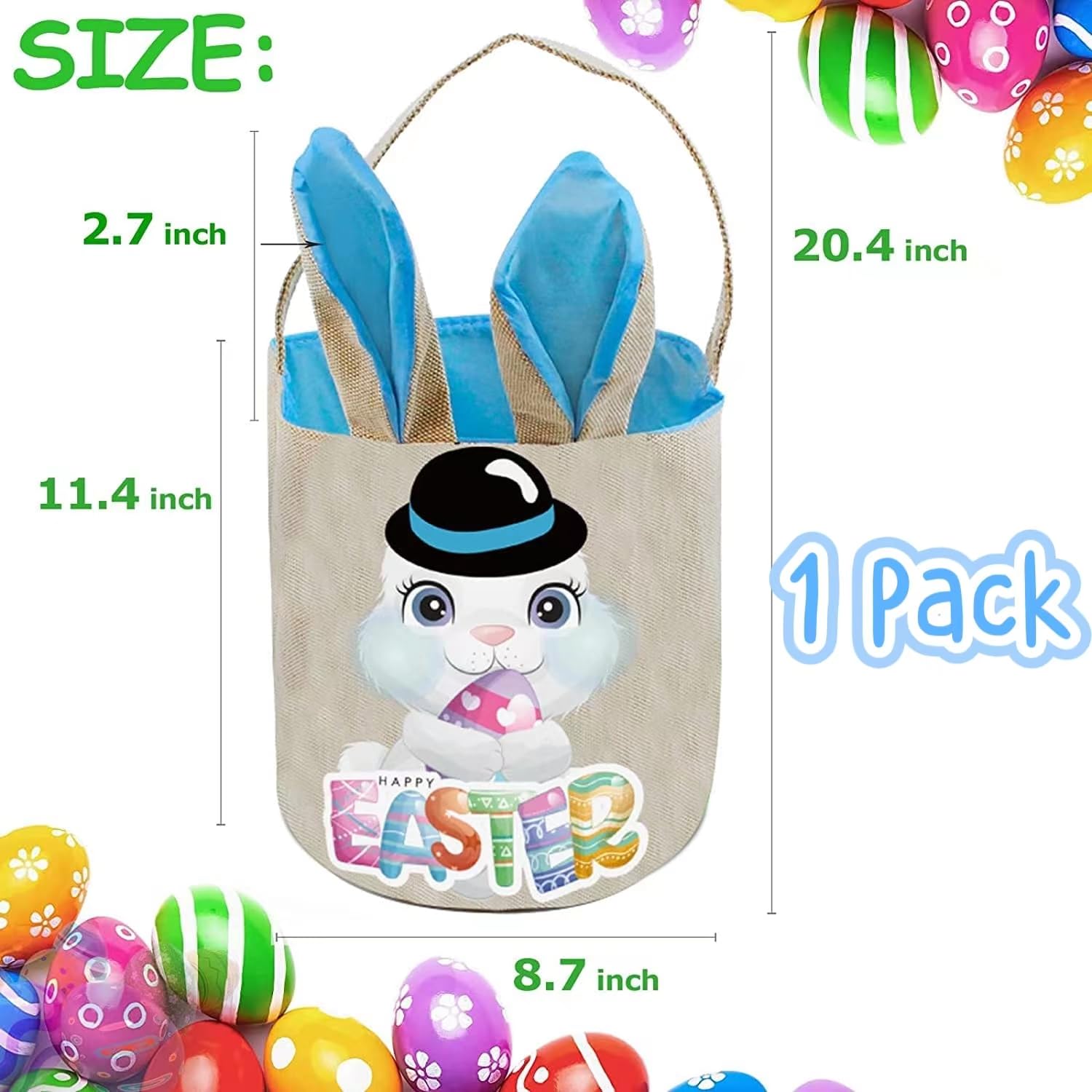 PADELO Easter Basket for Kids, Cute Easter Bucket Stuffers Bags with Bunny Ears for Easter Eggs Hunting, Easter Party Decorations, Candy Gifts Storage, Blue Easter Baskets