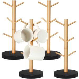 4 pcs mug holder tree coffee cup holder bamboo mug rack coffee mug stand tea cup organizer mug hanger with 6 hooks for storage kitchen cabinet display accessories counter bar (black, wood color)