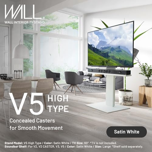 WALL V5 High Type | Japanese Rolling Portable Free-Standing 32-80 Inch Universal TV Stand with Concealed Caster Wheels | Satin White