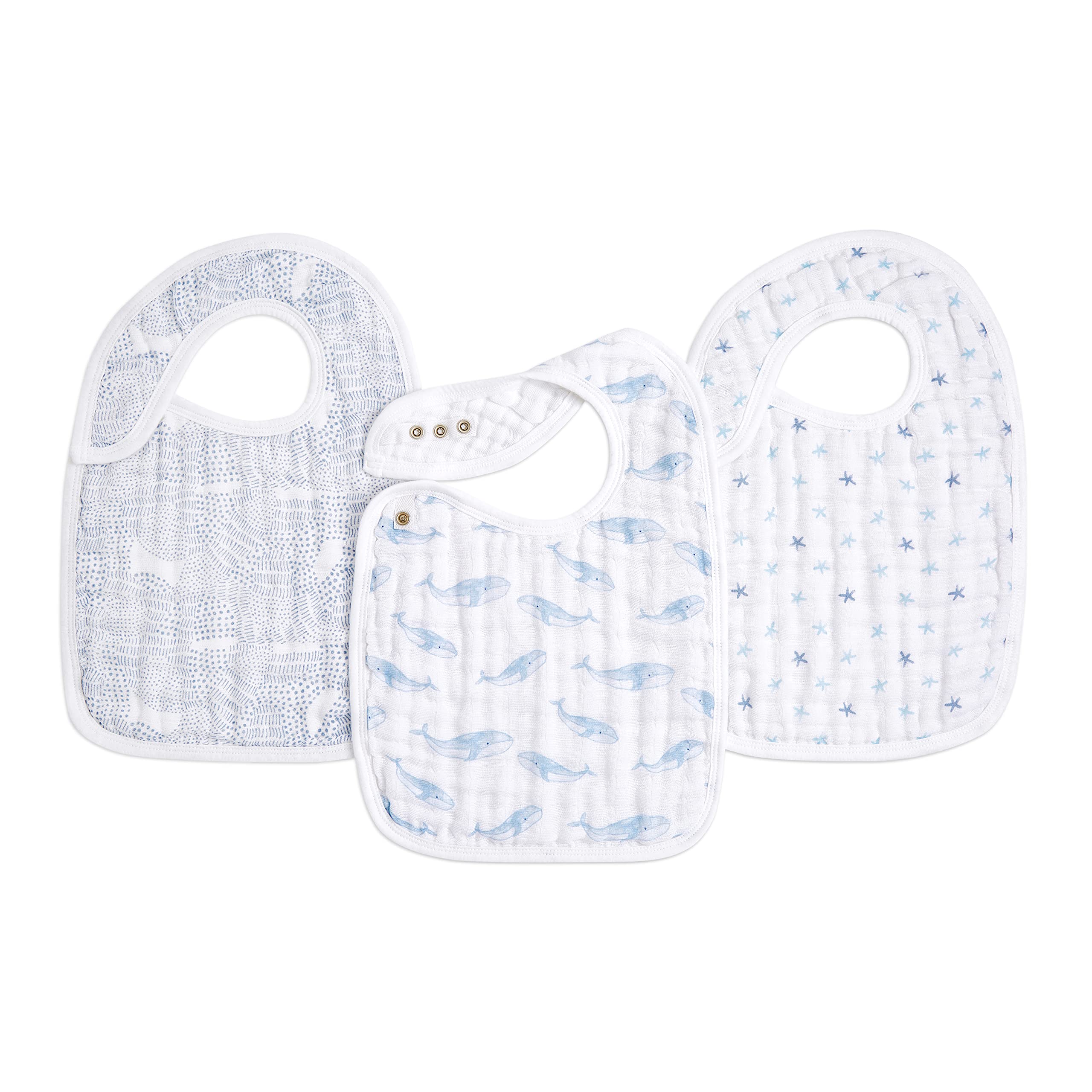 aden + anais 100% Cotton Muslin Snap Bib – Super Absorbent, Soft 3-Layer Baby Bib for Boys & Girls with Adjustable Snap-Closure for Teething, Eating, Drooling, 3-Pack, Oceanic