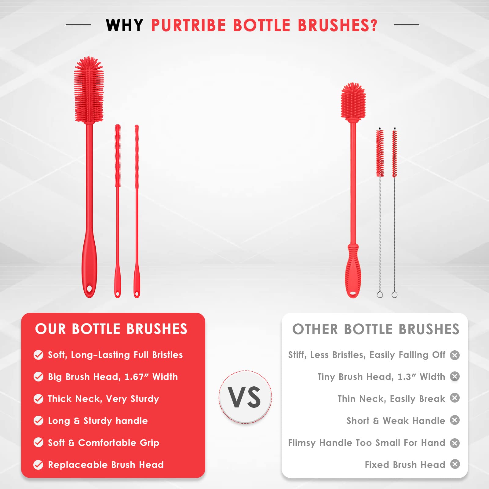 Purtribe 3-in-1 Silicone Bottle Brush and Straw Cleaning Brush Set, Water Bottle Cleaner Brush for Washing Narrow Neck Containers, Vacuum Sports Bottle, Tumblers, Flask, Vase and Glassware (Red)