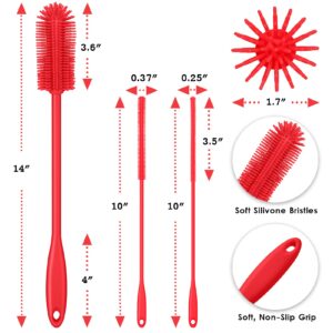 Purtribe 3-in-1 Silicone Bottle Brush and Straw Cleaning Brush Set, Water Bottle Cleaner Brush for Washing Narrow Neck Containers, Vacuum Sports Bottle, Tumblers, Flask, Vase and Glassware (Red)