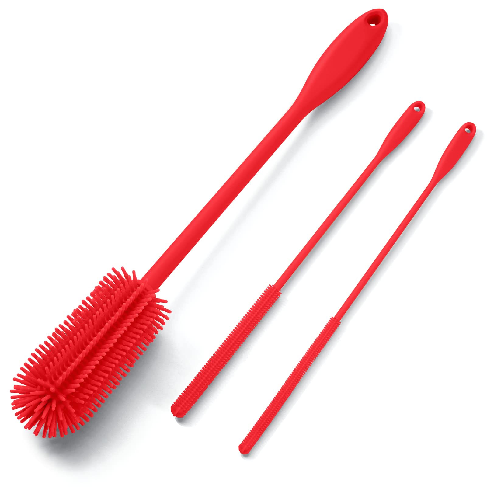 Purtribe 3-in-1 Silicone Bottle Brush and Straw Cleaning Brush Set, Water Bottle Cleaner Brush for Washing Narrow Neck Containers, Vacuum Sports Bottle, Tumblers, Flask, Vase and Glassware (Red)