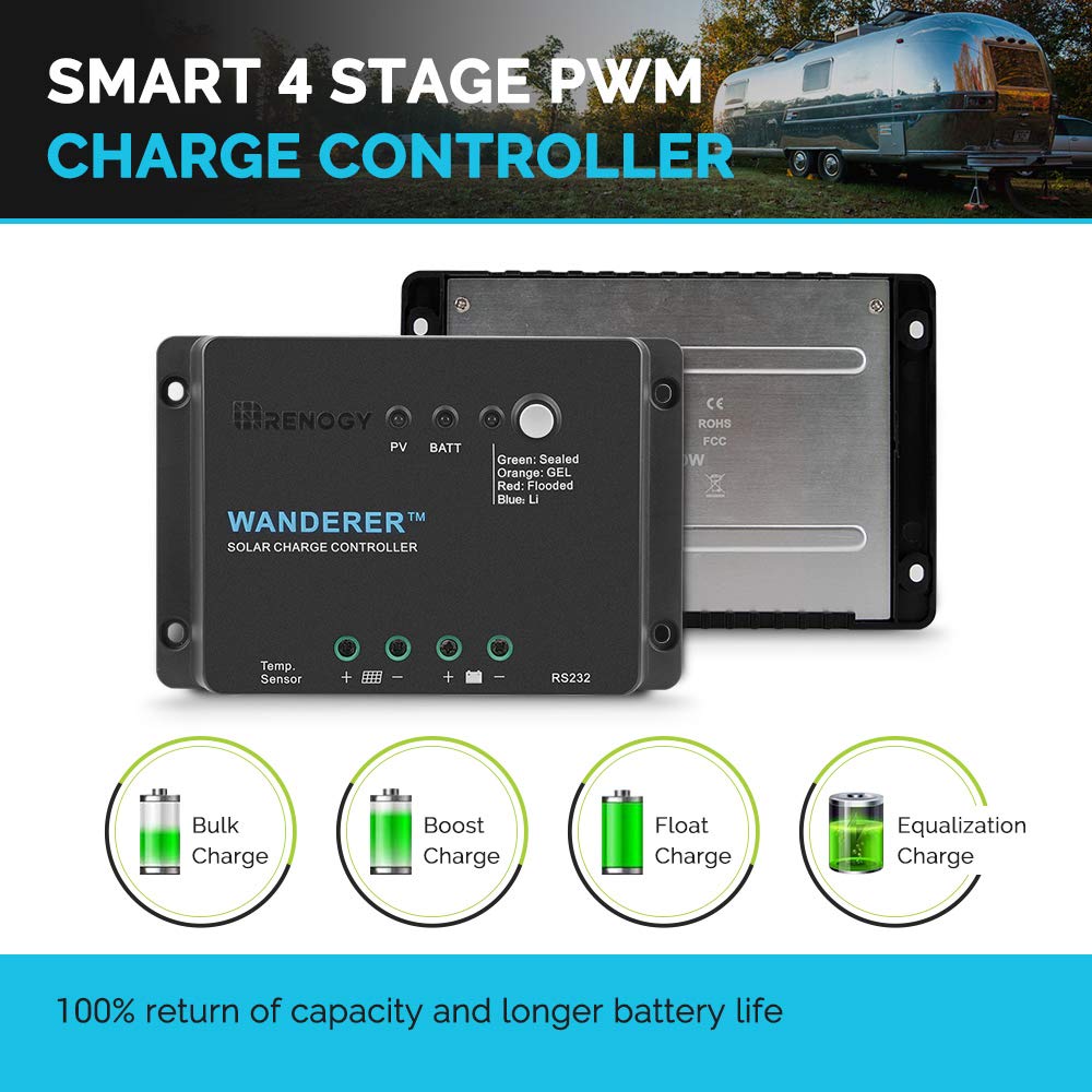 Renogy Wanderer Li 30A 12V PWM Negative Ground Solar Charge Controller Solar Panel Regulator & Solar Panel Mounting Z Brackets Lightweight Aluminum Corrosion-Free Construction