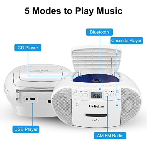 Gelielim CD and Cassette Player Combo, Portable Boombox AM/FM Radio, Tape Recording, 5.1V Bluetooth Speaker, USB Playback with Earphone Jack, Remote Control, AC/Battery Powered, for Home,Senior,Child