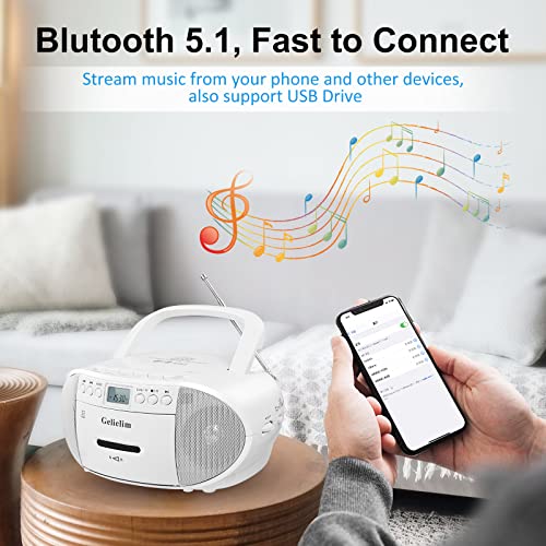 Gelielim CD and Cassette Player Combo, Portable Boombox AM/FM Radio, Tape Recording, 5.1V Bluetooth Speaker, USB Playback with Earphone Jack, Remote Control, AC/Battery Powered, for Home,Senior,Child