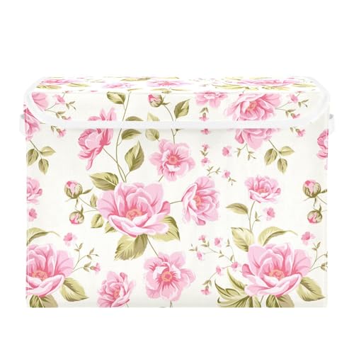 Sletend Storage Box Rose Flower Floral Closet Storage Bins with Lids, Foldable Oxford Fabric Storage Box for Home Bedroom Closet Office (16.5x12.6x11.8 in)