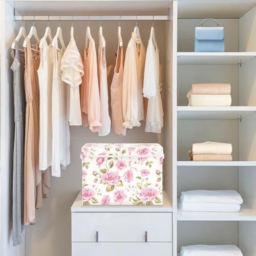 Sletend Storage Box Rose Flower Floral Closet Storage Bins with Lids, Foldable Oxford Fabric Storage Box for Home Bedroom Closet Office (16.5x12.6x11.8 in)