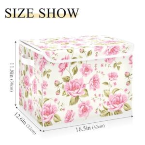 Sletend Storage Box Rose Flower Floral Closet Storage Bins with Lids, Foldable Oxford Fabric Storage Box for Home Bedroom Closet Office (16.5x12.6x11.8 in)