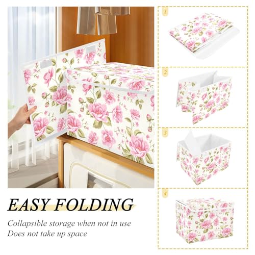 Sletend Storage Box Rose Flower Floral Closet Storage Bins with Lids, Foldable Oxford Fabric Storage Box for Home Bedroom Closet Office (16.5x12.6x11.8 in)