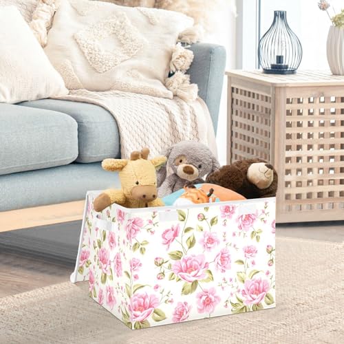 Sletend Storage Box Rose Flower Floral Closet Storage Bins with Lids, Foldable Oxford Fabric Storage Box for Home Bedroom Closet Office (16.5x12.6x11.8 in)