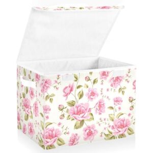 Sletend Storage Box Rose Flower Floral Closet Storage Bins with Lids, Foldable Oxford Fabric Storage Box for Home Bedroom Closet Office (16.5x12.6x11.8 in)