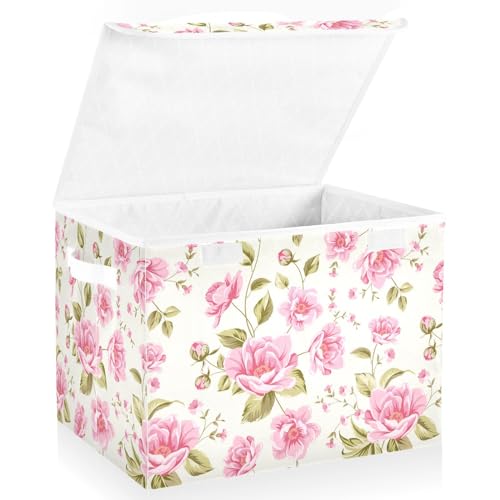 Sletend Storage Box Rose Flower Floral Closet Storage Bins with Lids, Foldable Oxford Fabric Storage Box for Home Bedroom Closet Office (16.5x12.6x11.8 in)