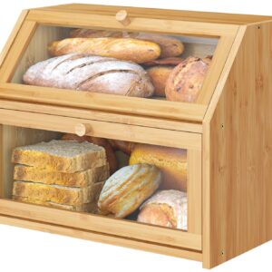 Vriccc Bread Box for Kitchen Counter, Bamboo Wood Bread Box, Large Capacity Bread Storage Bin