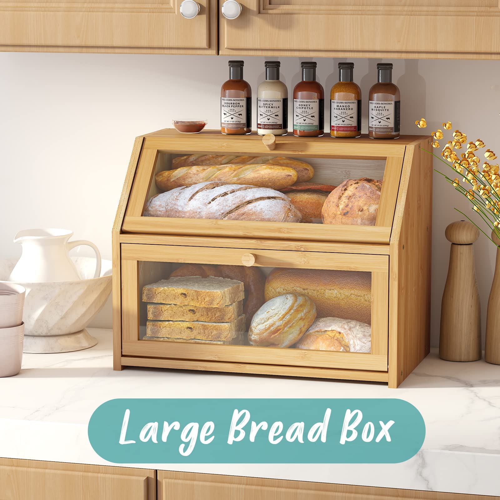 Vriccc Bread Box for Kitchen Counter, Bamboo Wood Bread Box, Large Capacity Bread Storage Bin