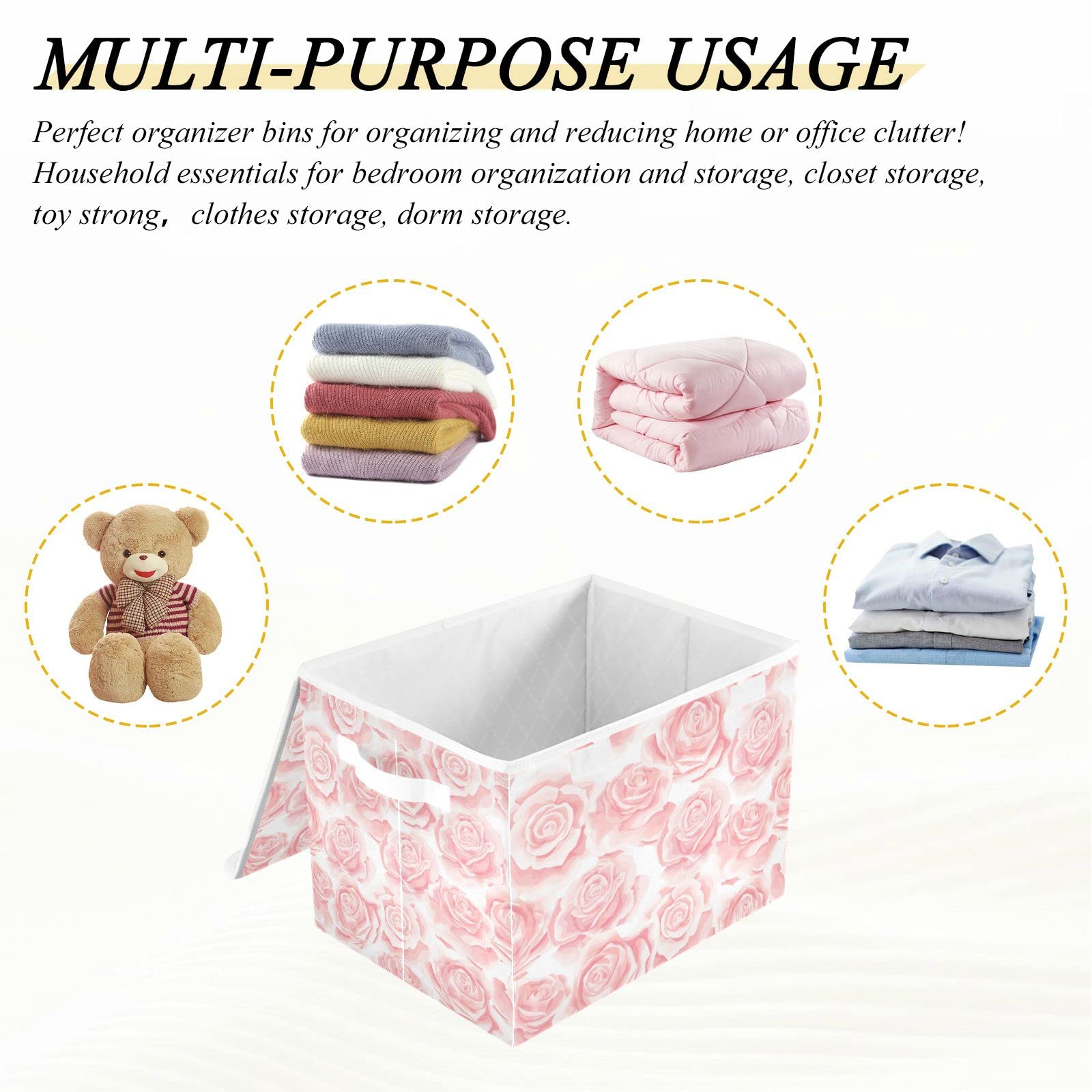 Kigai Storage Basket Pink Rose Flower Storage Boxes with Lids and Handle, Large Storage Cube Bin Collapsible for Shelves Closet Bedroom Living Room, 16.5x12.6x11.8 In