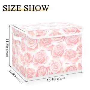 Kigai Storage Basket Pink Rose Flower Storage Boxes with Lids and Handle, Large Storage Cube Bin Collapsible for Shelves Closet Bedroom Living Room, 16.5x12.6x11.8 In