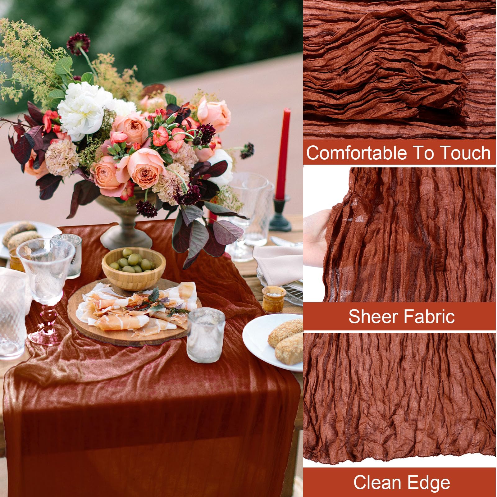 24 Pcs Cheesecloth Table Runner 10 Ft Wedding Gauze Terracotta Boho Rustic Cheese Cloth 120 Inch Long 29 Inch Wide Table Decor Bulk for Wedding Fall Decorations Thanksgiving Table Decor(Rust)