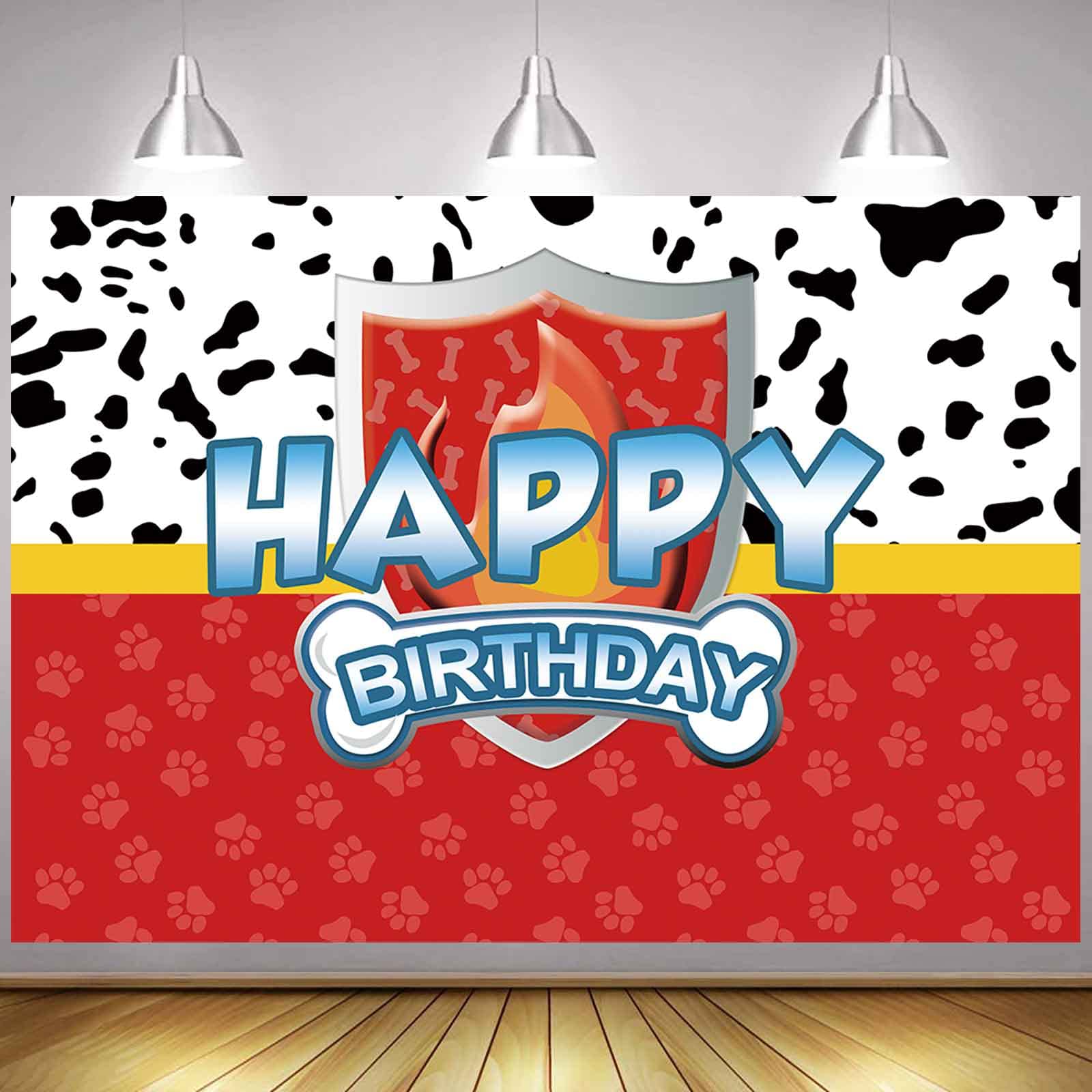 7x5ft Dog Patrol Birthday Backdrop Paw Print Red Fire Shield Happy Birthday Banner Decorations Background for Boys Girls Puppy Dog Birthday Party Cake Table Supplies