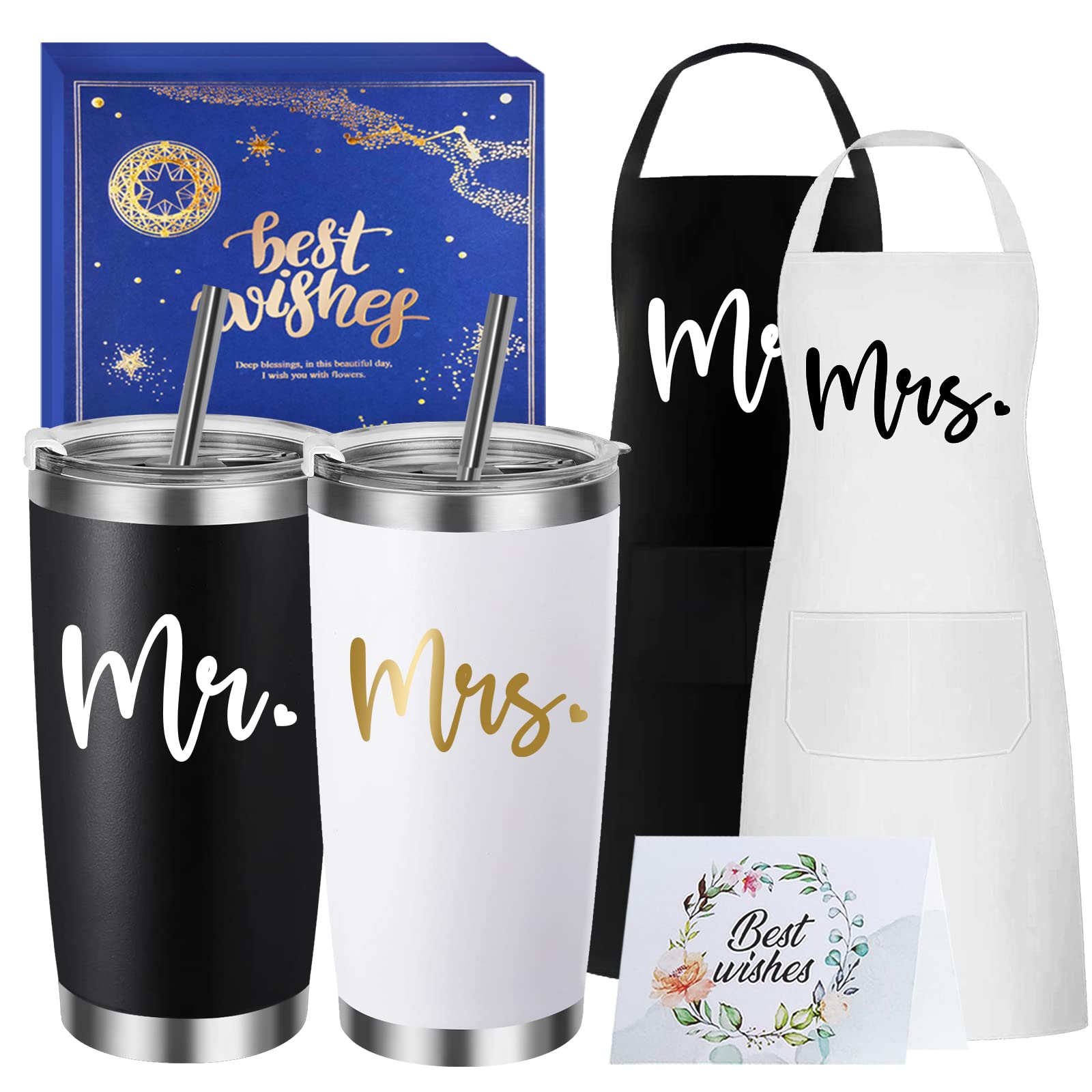 JETIKON Mr Mrs Travel Tumbler Apron Set Wedding Engagement Anniversary Valentine's Day Gifts for Couple Husband Wife Bride Groom His and Hers Newlyed Gifts 20oz Stainless Steel Insulated Tumbler