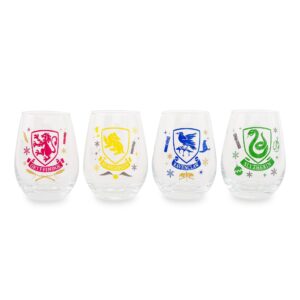 silver buffalo harry potter hogwarts house colors 12-ounce stemless wine glasses, set of 4 | holds 20 ounces