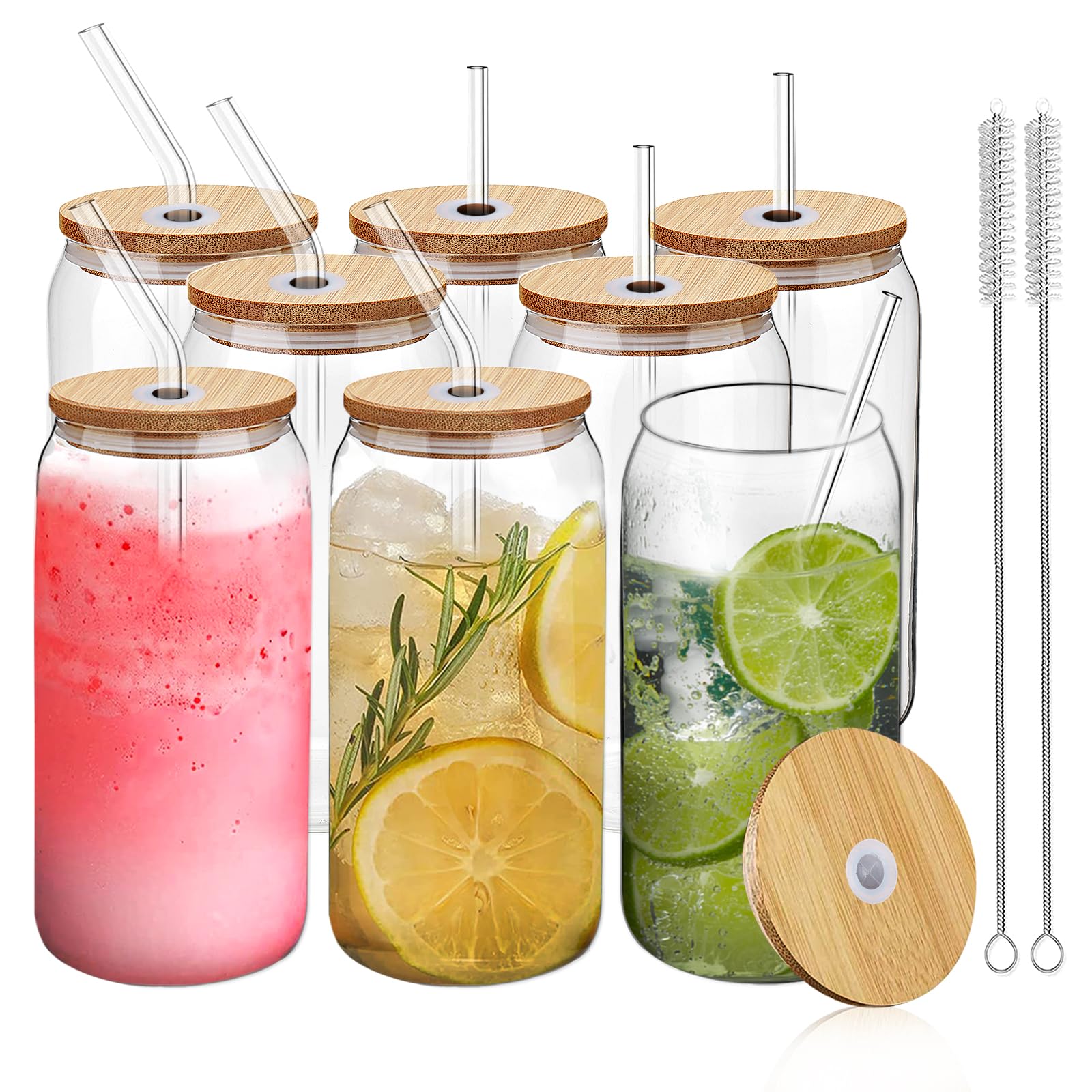 [8 Pack, 20 Oz] DESIGN•MASTER Premium Glass Cup with Bamboo Lids and Glass Straws, Can Shaped Beer Glasses, Tumbler Glasses, Perfect for Beer, Cocktail, Iced Coffee, Iced Tea and Soda.