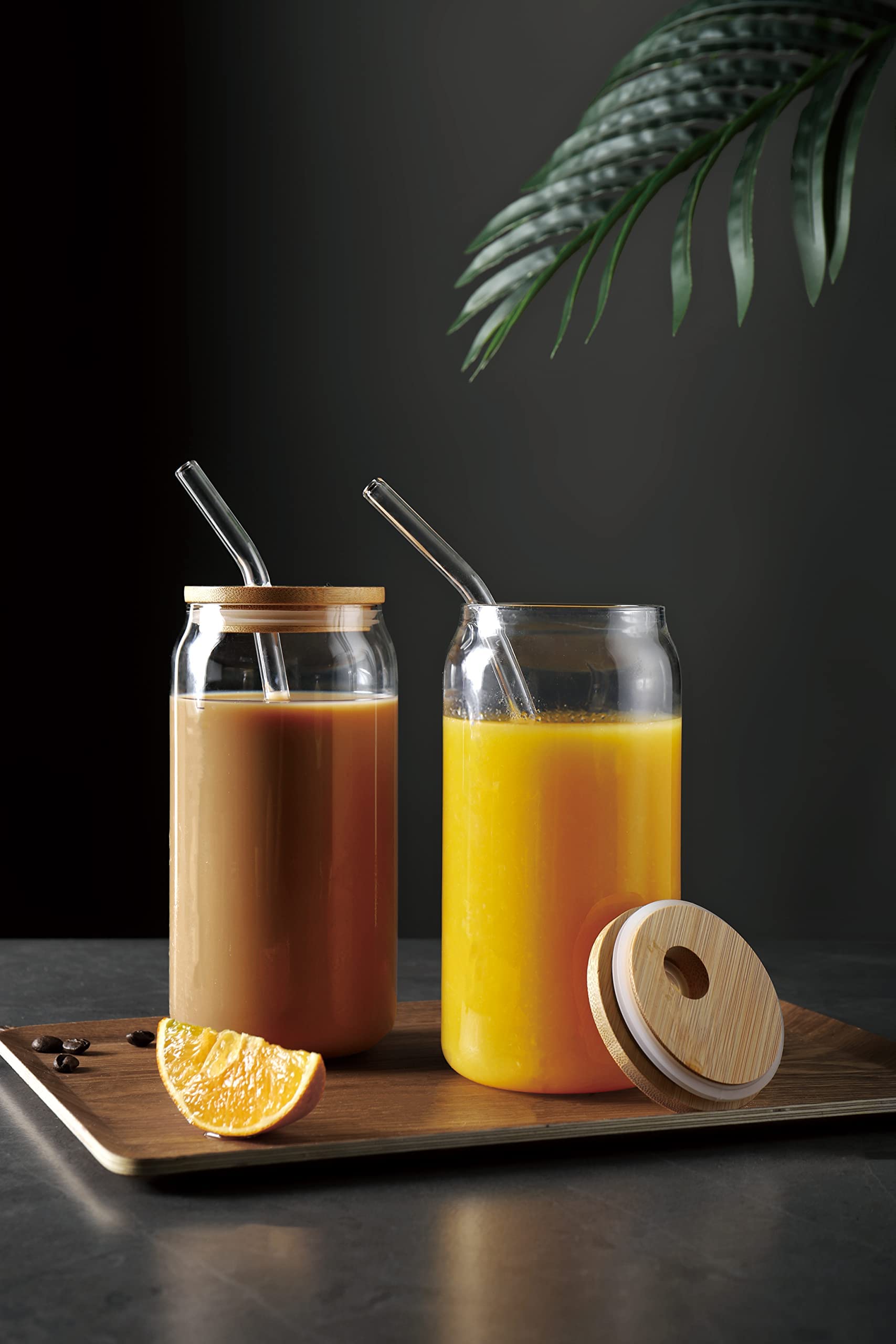 [8 Pack, 20 Oz] DESIGN•MASTER Premium Glass Cup with Bamboo Lids and Glass Straws, Can Shaped Beer Glasses, Tumbler Glasses, Perfect for Beer, Cocktail, Iced Coffee, Iced Tea and Soda.