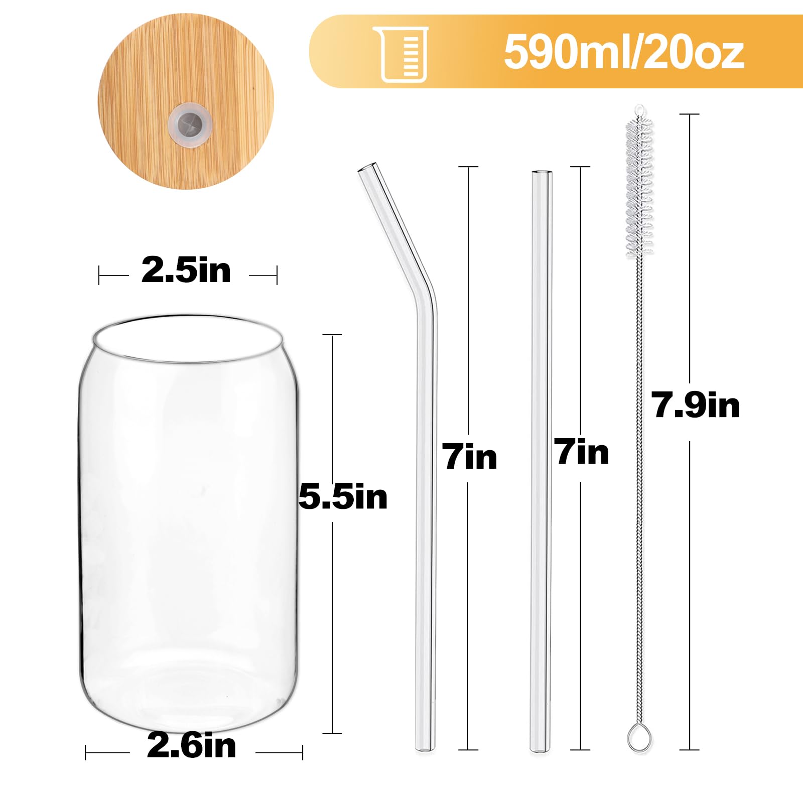 [8 Pack, 20 Oz] DESIGN•MASTER Premium Glass Cup with Bamboo Lids and Glass Straws, Can Shaped Beer Glasses, Tumbler Glasses, Perfect for Beer, Cocktail, Iced Coffee, Iced Tea and Soda.