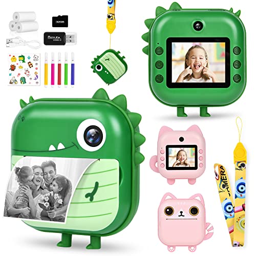 Ainiv Instant Print Cameras for Kids, 2.4 Inch Kids Digital Camera with Dual Camera, 1080P Kids Camera with Print Papers&5 Color Pens, 32GB SD Card, Gift for 3-12 Year Old Boys Girls-Green