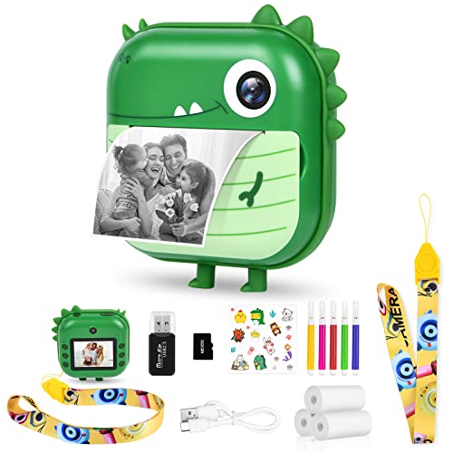 Ainiv Instant Print Cameras for Kids, 2.4 Inch Kids Digital Camera with Dual Camera, 1080P Kids Camera with Print Papers&5 Color Pens, 32GB SD Card, Gift for 3-12 Year Old Boys Girls-Green