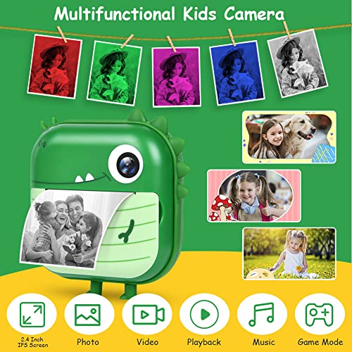 Ainiv Instant Print Cameras for Kids, 2.4 Inch Kids Digital Camera with Dual Camera, 1080P Kids Camera with Print Papers&5 Color Pens, 32GB SD Card, Gift for 3-12 Year Old Boys Girls-Green