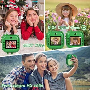 Ainiv Instant Print Cameras for Kids, 2.4 Inch Kids Digital Camera with Dual Camera, 1080P Kids Camera with Print Papers&5 Color Pens, 32GB SD Card, Gift for 3-12 Year Old Boys Girls-Green