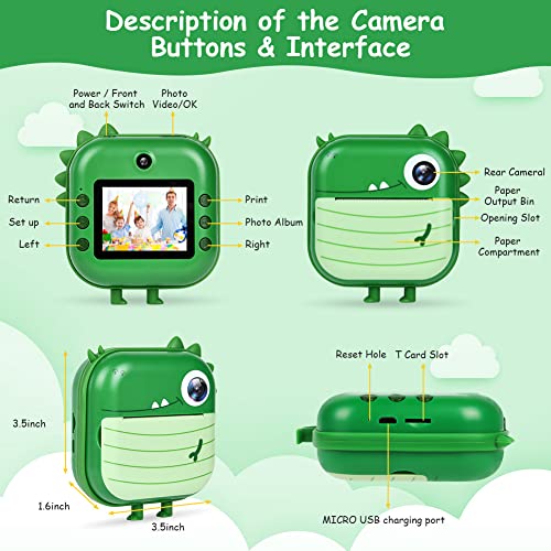 Ainiv Instant Print Cameras for Kids, 2.4 Inch Kids Digital Camera with Dual Camera, 1080P Kids Camera with Print Papers&5 Color Pens, 32GB SD Card, Gift for 3-12 Year Old Boys Girls-Green