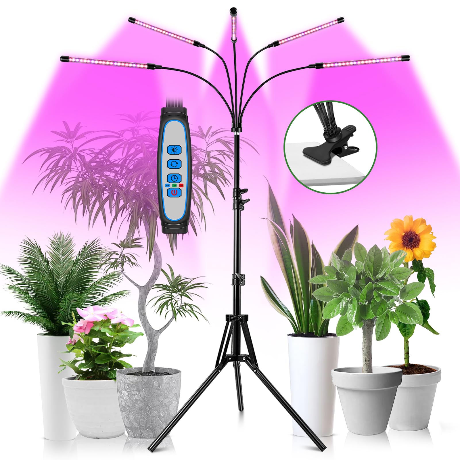 Garpsen Grow Light with Stand, 5 Heads Grow Lights for Indoor Plants, 100 LEDs Full Spectrum Led Plant Light for Seed Starting, with Clip&15-63" Adjustable Tripod&6/12/16H Timer