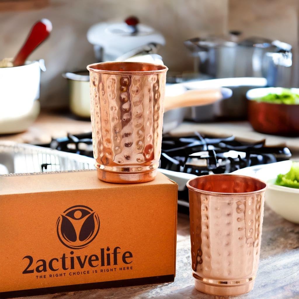 2 Activelife Set of 2 Hammered Pure Copper Tumblers for Storing and Drinking Water for Ayurvedic Medicine Cups| Copper Water Drinking Glass | 350 ml (11.8 fl. oz.)