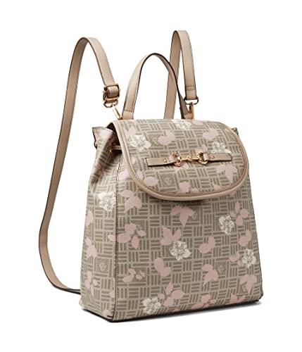 Anne Klein Flap Backpack with Floral Overlay, Stone-Gardenia Multi/Stone