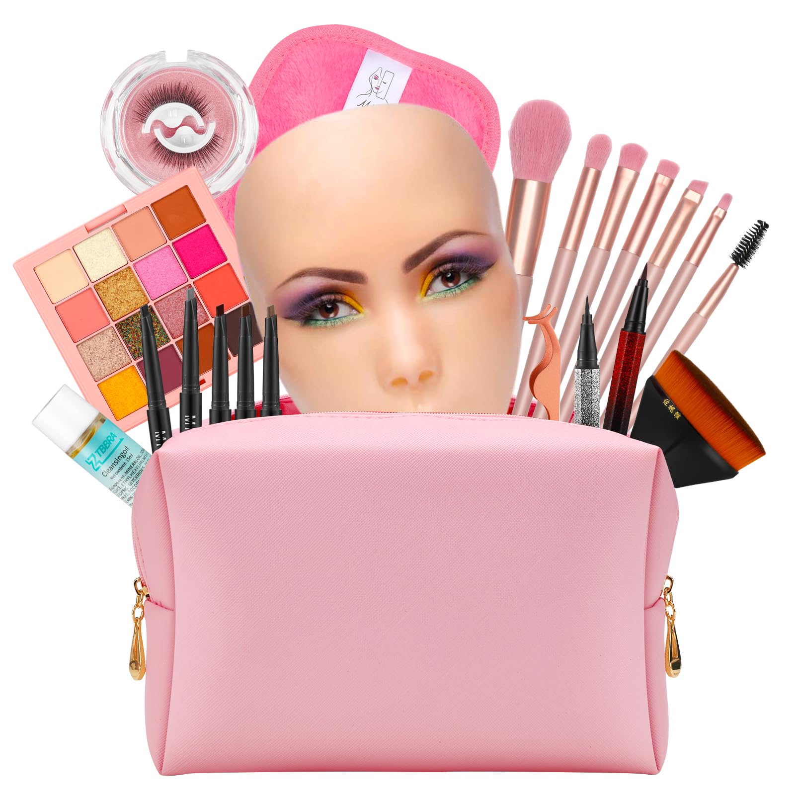 ZTBBRA Makeup Practice Kit, Reusable Silicone Makeup Practice Face/Makeup Mannequin Face, Come with Makeup Brushes Set&Dual head Eyebrow Pencils&Eyeliners&a Pair of Eyelashes&a Makeup Bag