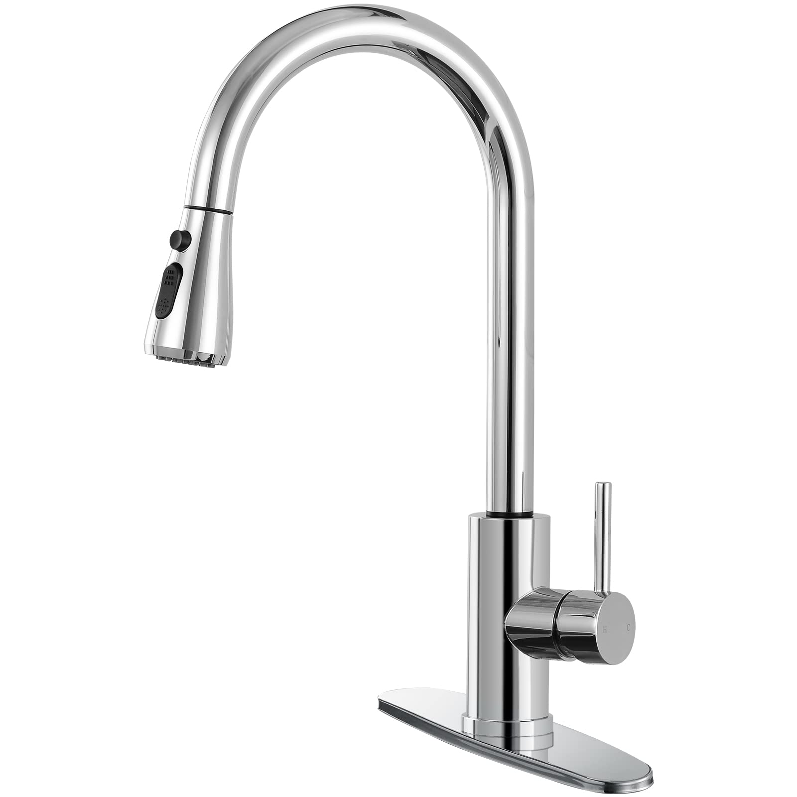 Qomolangma Chrome Kitchen Faucet with Pull Down Sprayer, Single Handle Kitchen Sink Faucet with Pull Out Sprayer, Stainless Steel