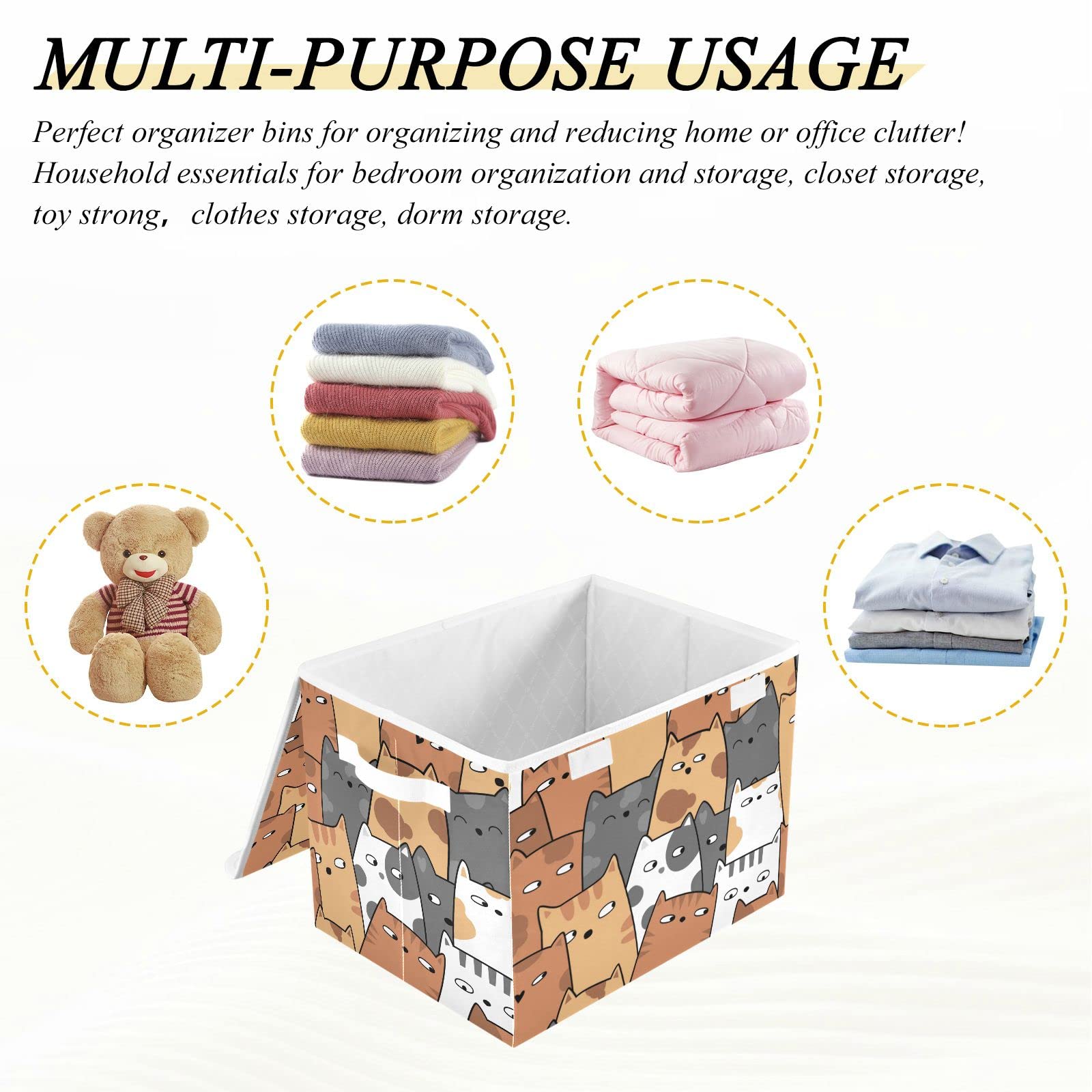 Curious Cats Foldable Storage Boxes with Lids and Handle Fabric Storage Bins, used to store toys, clothes, paper and books in the closet and bedroom