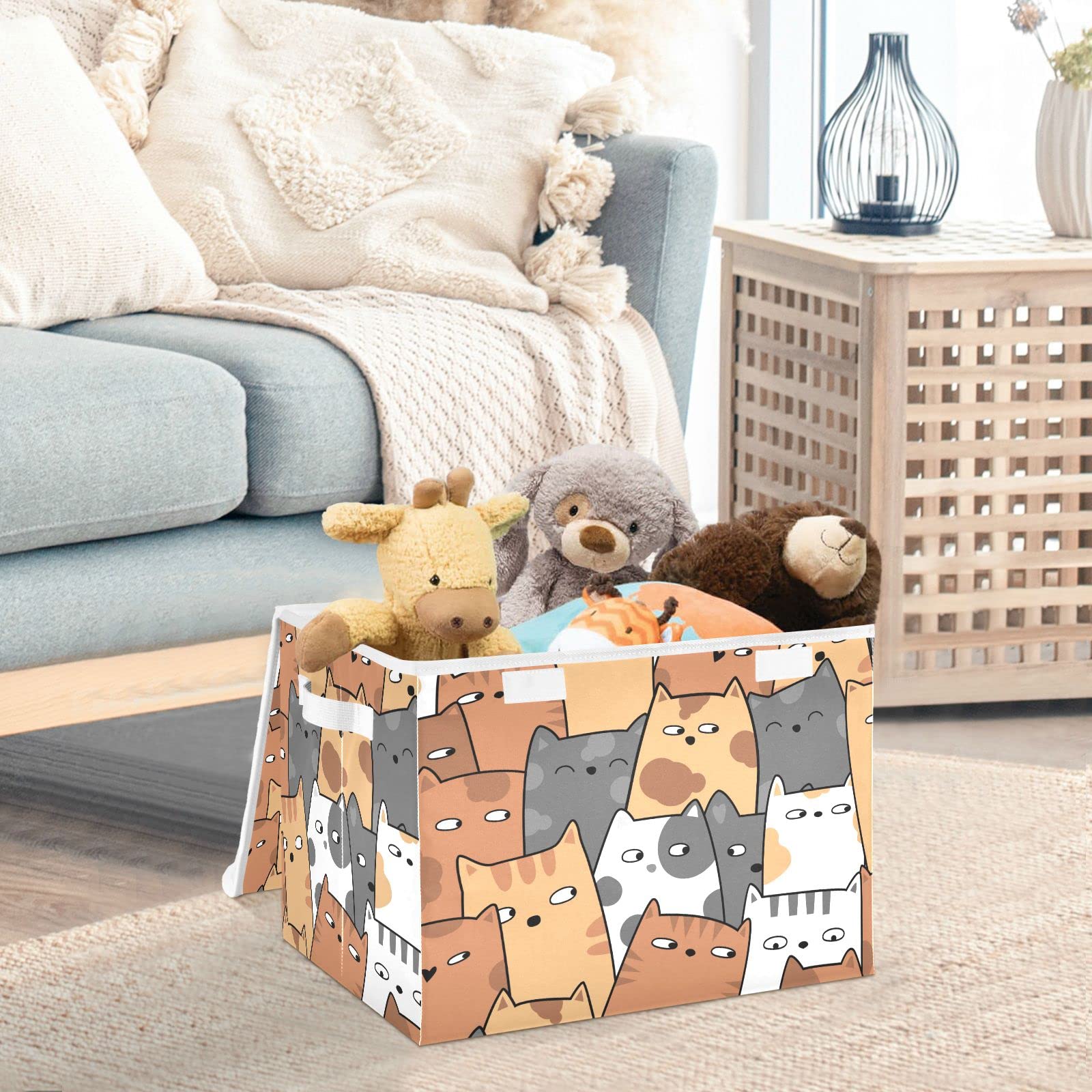 Curious Cats Foldable Storage Boxes with Lids and Handle Fabric Storage Bins, used to store toys, clothes, paper and books in the closet and bedroom