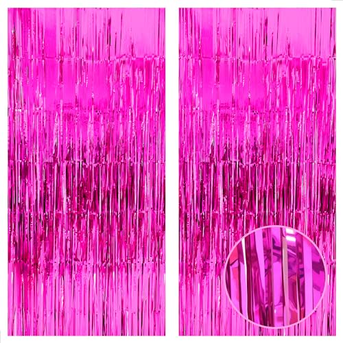 KatchOn, XtraLarge Hot Pink Fringe Backdrop - 3.2x8 Feet, Pack of 2 | Hot Pink Streamer Backdrop for Hot Pink Birthday Decorations | Hot Pink Backdrop, Pink Party Decorations, Hot Pink Tinsel Backdrop