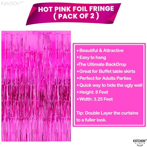 KatchOn, XtraLarge Hot Pink Fringe Backdrop - 3.2x8 Feet, Pack of 2 | Hot Pink Streamer Backdrop for Hot Pink Birthday Decorations | Hot Pink Backdrop, Pink Party Decorations, Hot Pink Tinsel Backdrop