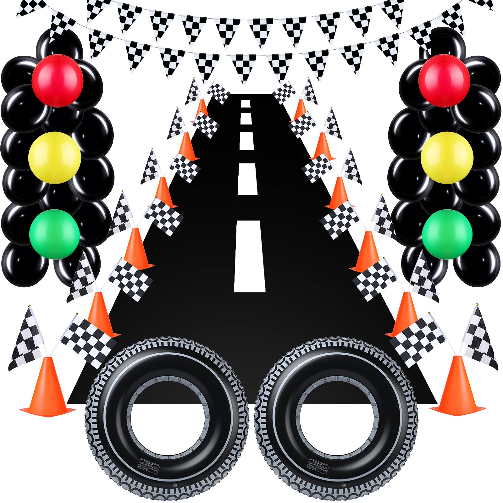 78 Pcs Race Car Birthday Party Decor Include 46 Traffic Light Balloons, 12 Traffic Cones, 12 Checkered Flag, 2 Pennant Banner, 2 Tire Swimming Ring, 1 Track Running Mat, and 3 Assembly Accessories