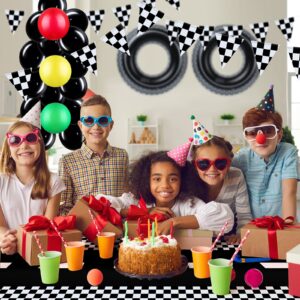 78 Pcs Race Car Birthday Party Decor Include 46 Traffic Light Balloons, 12 Traffic Cones, 12 Checkered Flag, 2 Pennant Banner, 2 Tire Swimming Ring, 1 Track Running Mat, and 3 Assembly Accessories