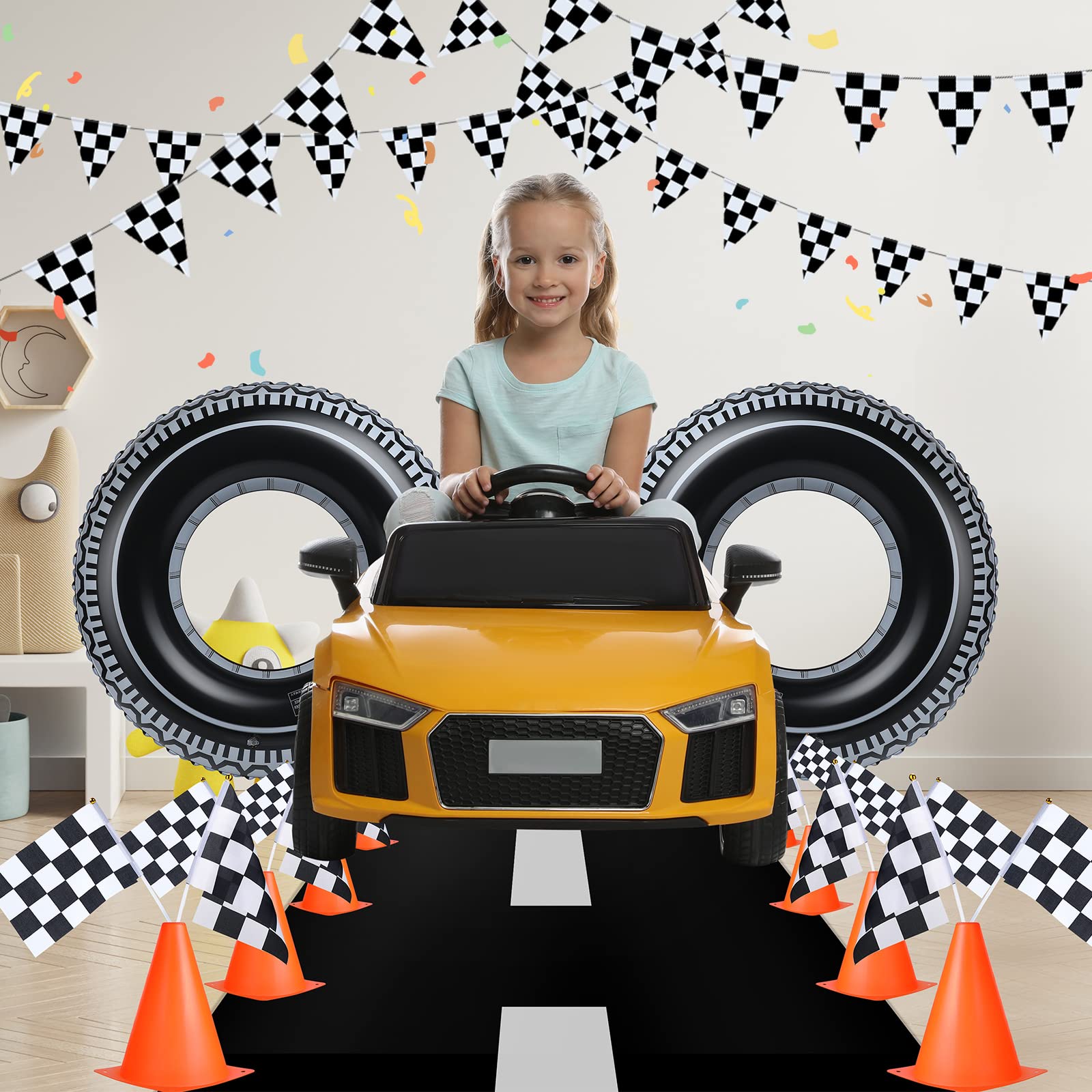 78 Pcs Race Car Birthday Party Decor Include 46 Traffic Light Balloons, 12 Traffic Cones, 12 Checkered Flag, 2 Pennant Banner, 2 Tire Swimming Ring, 1 Track Running Mat, and 3 Assembly Accessories